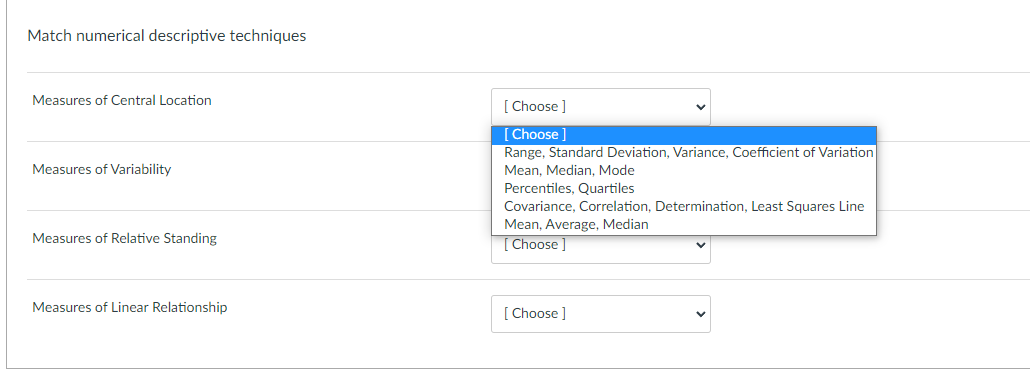 Solved Match numerical descriptive techniques Measures of | Chegg.com