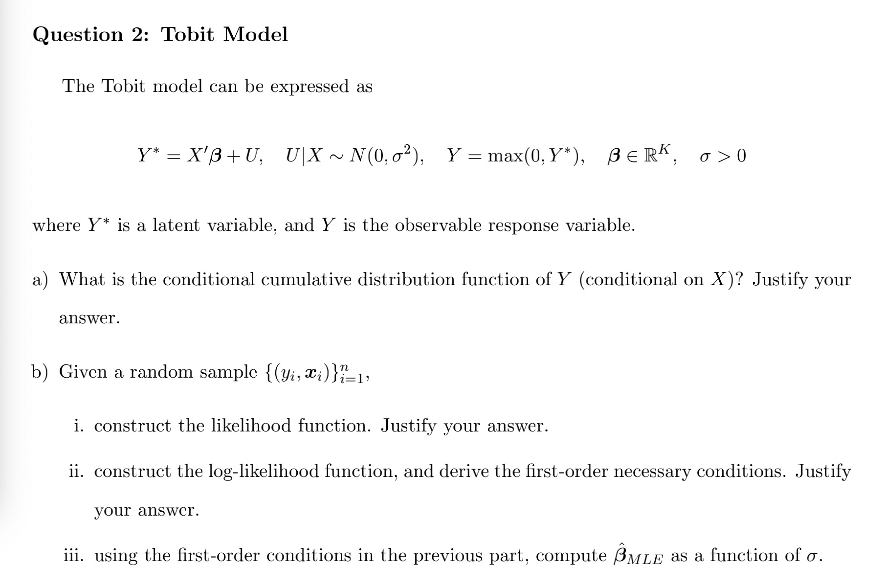 Solved The Tobit model can be expressed as | Chegg.com