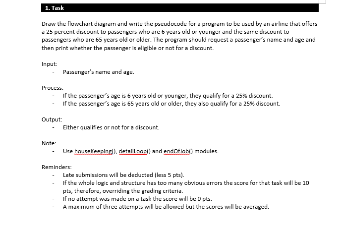 Solved 1. Task Draw the flowchart diagram and write the | Chegg.com