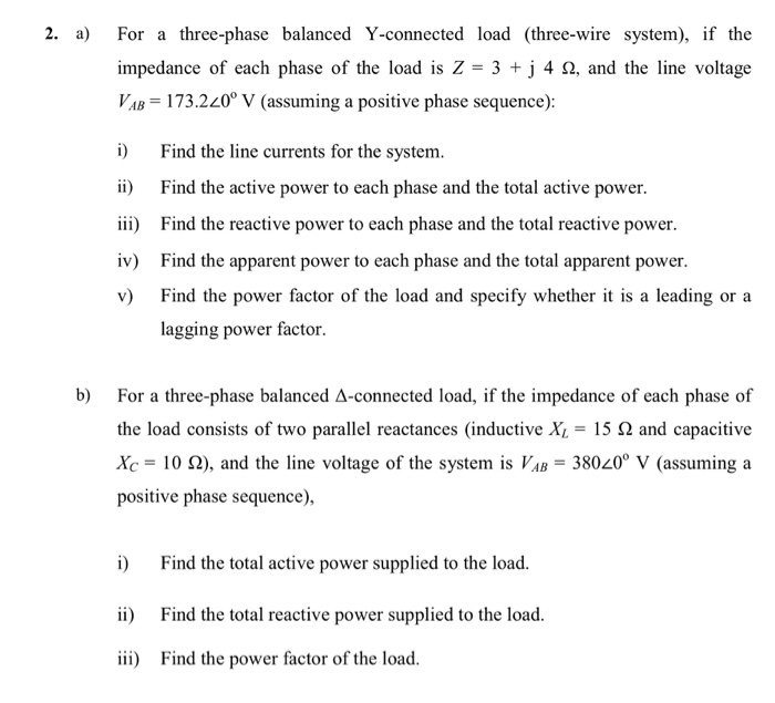 Solved 2. a) For a three-phase balanced Y-connected load | Chegg.com