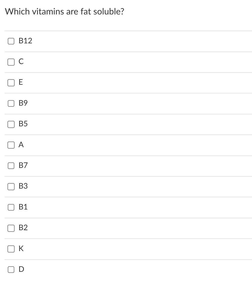 Solved Which vitamins are fat soluble? B12 C E B9 B5 A B7 B3 | Chegg.com