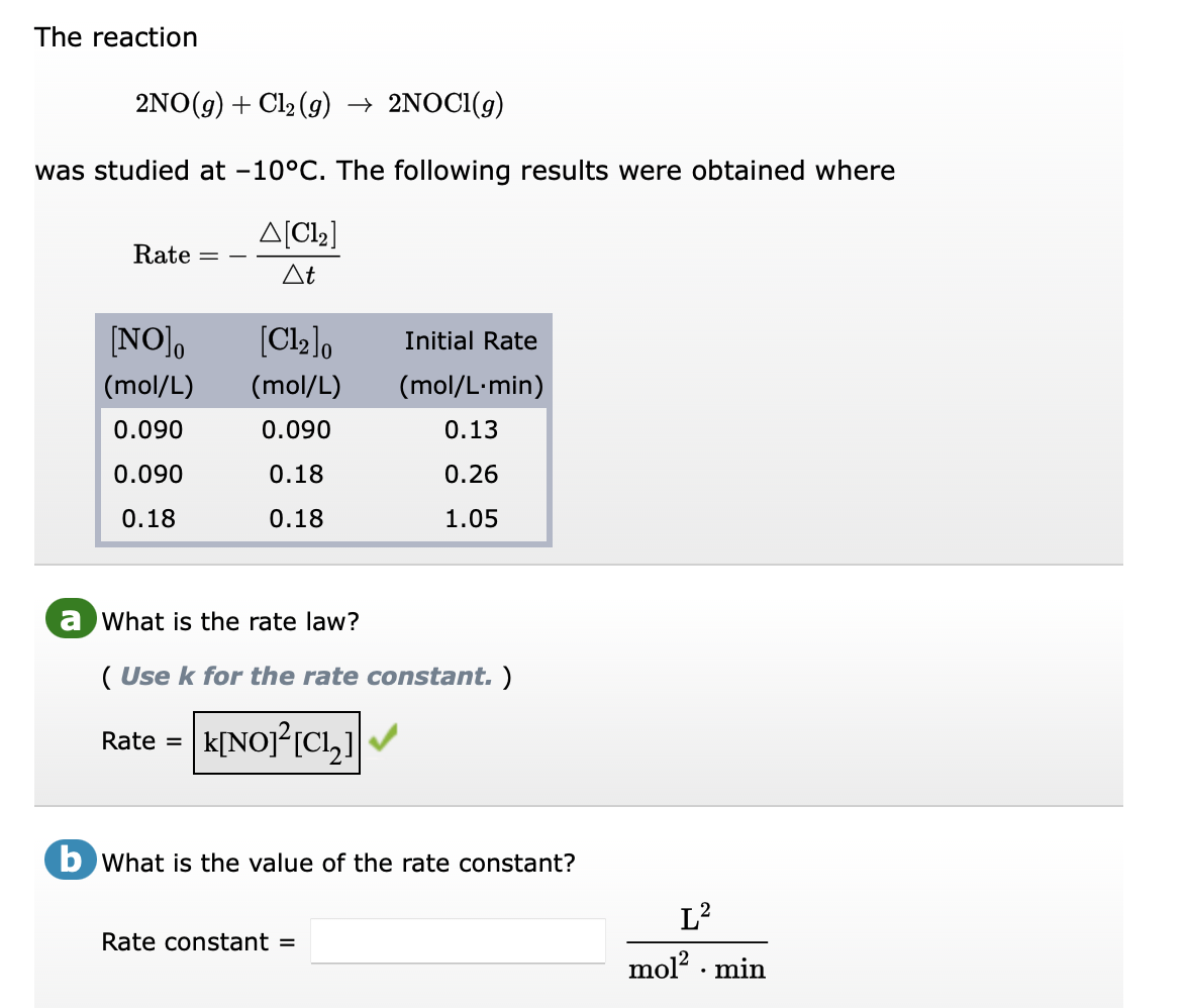 Solved The reaction 2NO(g) + Cl2(g) + 2NOCI(g) was studied | Chegg.com