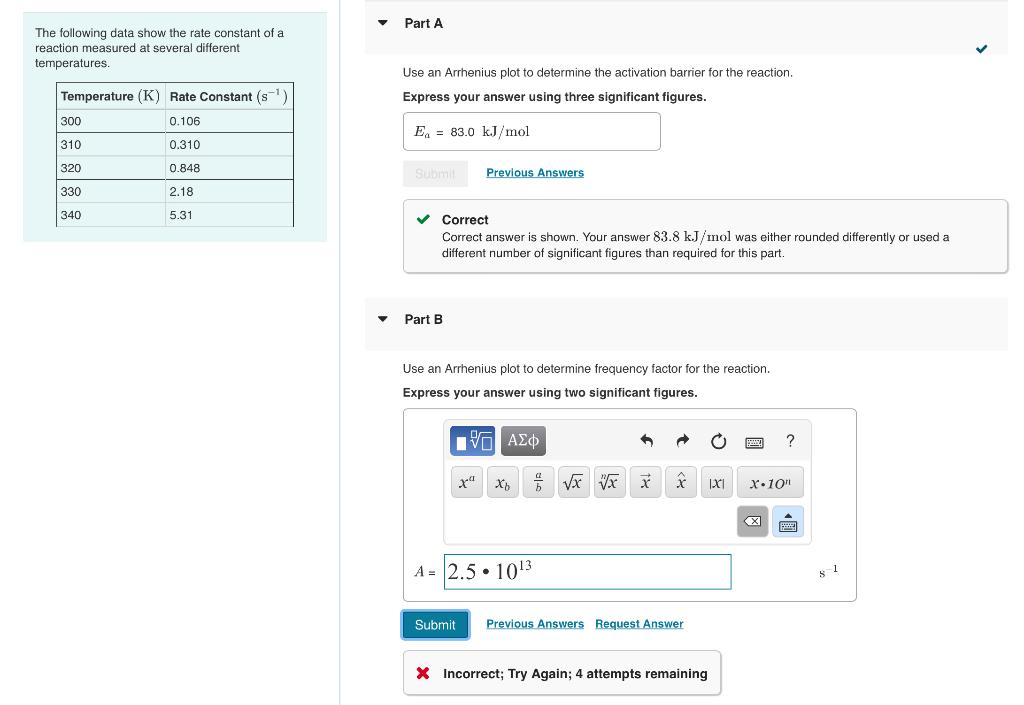 Solved Part A The following data show the rate constant of a | Chegg.com