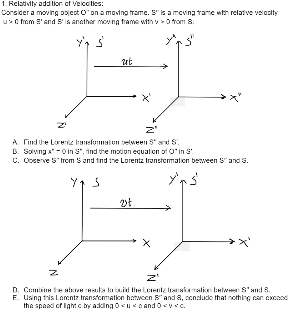 Solved 1. Relativity addition of Velocities: Consider a | Chegg.com