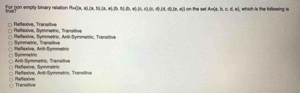 Solved For non empty binary relation R={(a, a),(a, b),(a, | Chegg.com