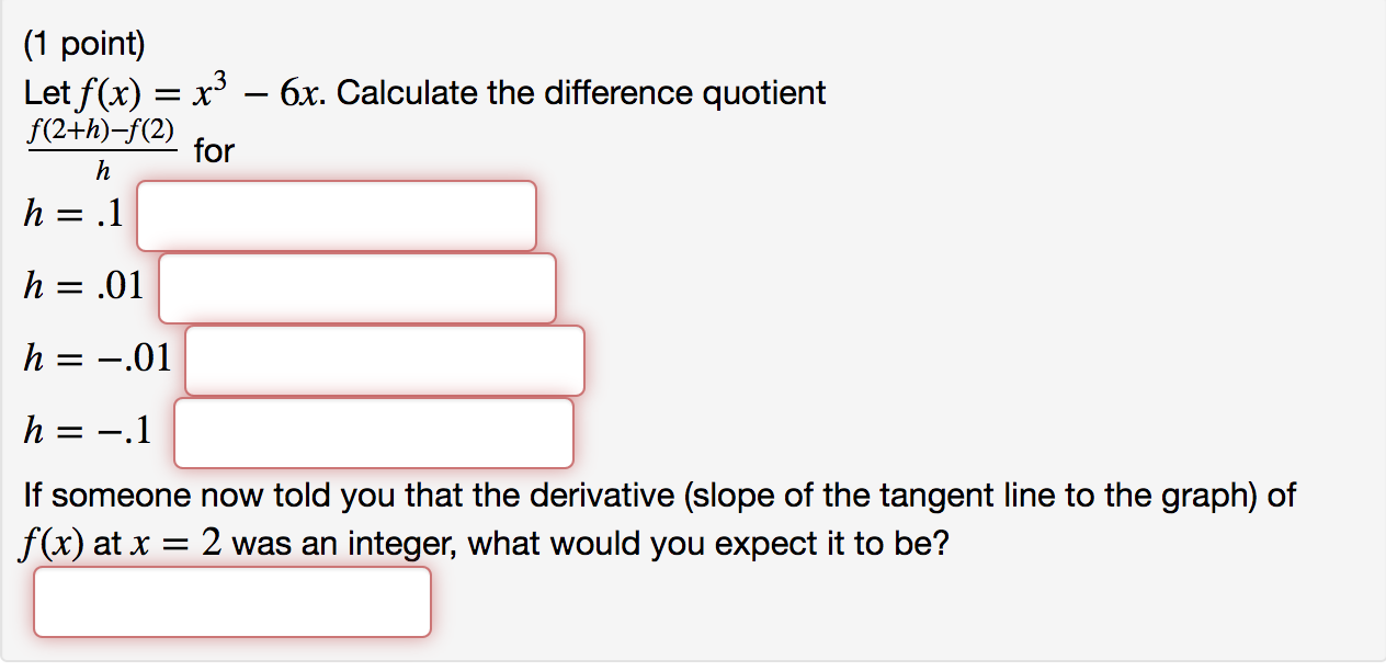 Solved (1 point) Let f(x) = x3 – 6x. Calculate the | Chegg.com
