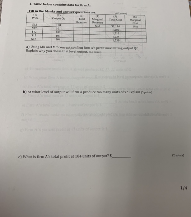Solved 1. Table below contains data for firm A: Fill in the | Chegg.com