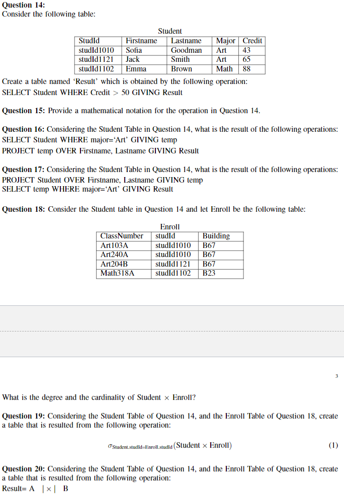 Solved Question 14: Consider the following table: Create a | Chegg.com