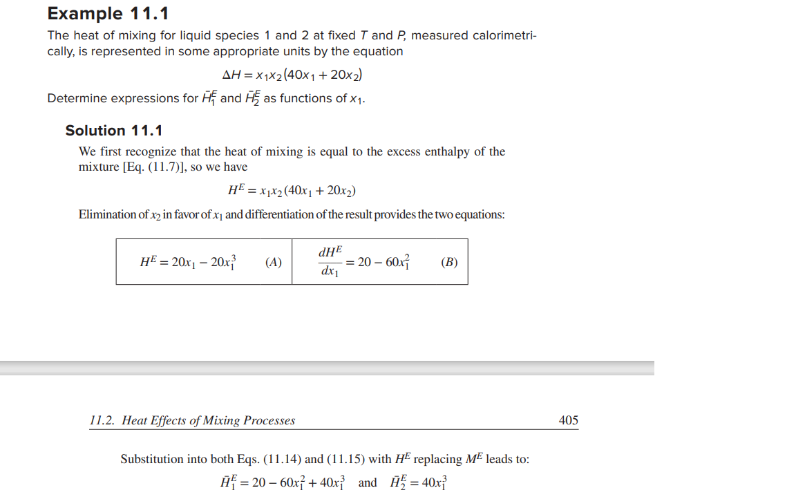Solved Example 11.1 The heat of mixing for liquid species 1 | Chegg.com