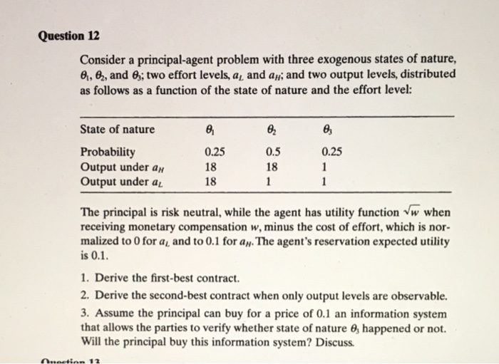Solved Consider a principal-agent problem with three | Chegg.com