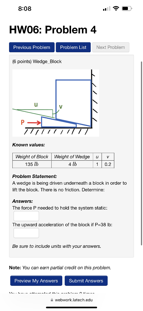 Solved (6 points) Wedge_Block Known values: Problem | Chegg.com