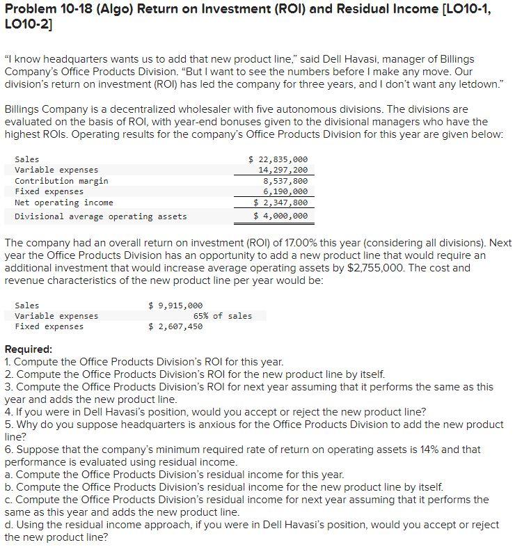 Solved Problem 10-18 (Algo) Return on Investment (ROI) and | Chegg.com