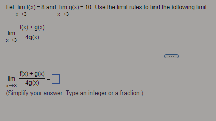 Solved Let limx→3f(x)=8 and limx→3g(x)=10. Use the limit | Chegg.com