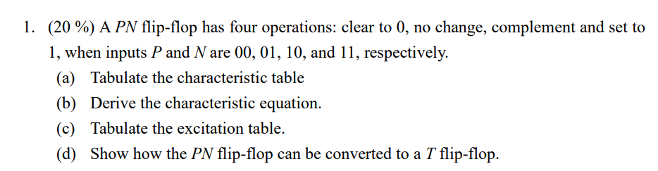 Solved 1. (20%) A PN flip-flop has four operations: clear to | Chegg.com