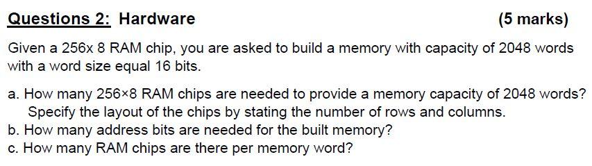 Solved Questions 2: Hardware (5 marks) Given a 256x 8 RAM | Chegg.com