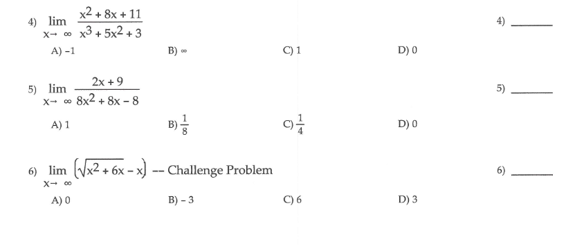 Solved limx→∞x3+5x2+3x2+8x+11 A) -1 limx→∞8x2+8x−82x+9 A) 1 | Chegg.com