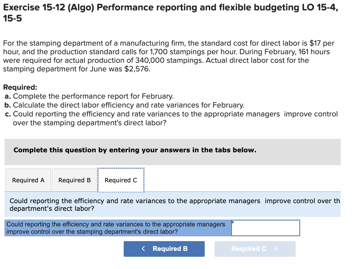 Solved Exercise 15-12 (Algo) ﻿Performance reporting and | Chegg.com