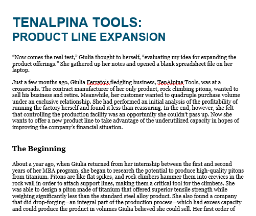Solved TENALPINA TOOLS: PRODUCT LINE EXPANSION "Now comes | Chegg.com