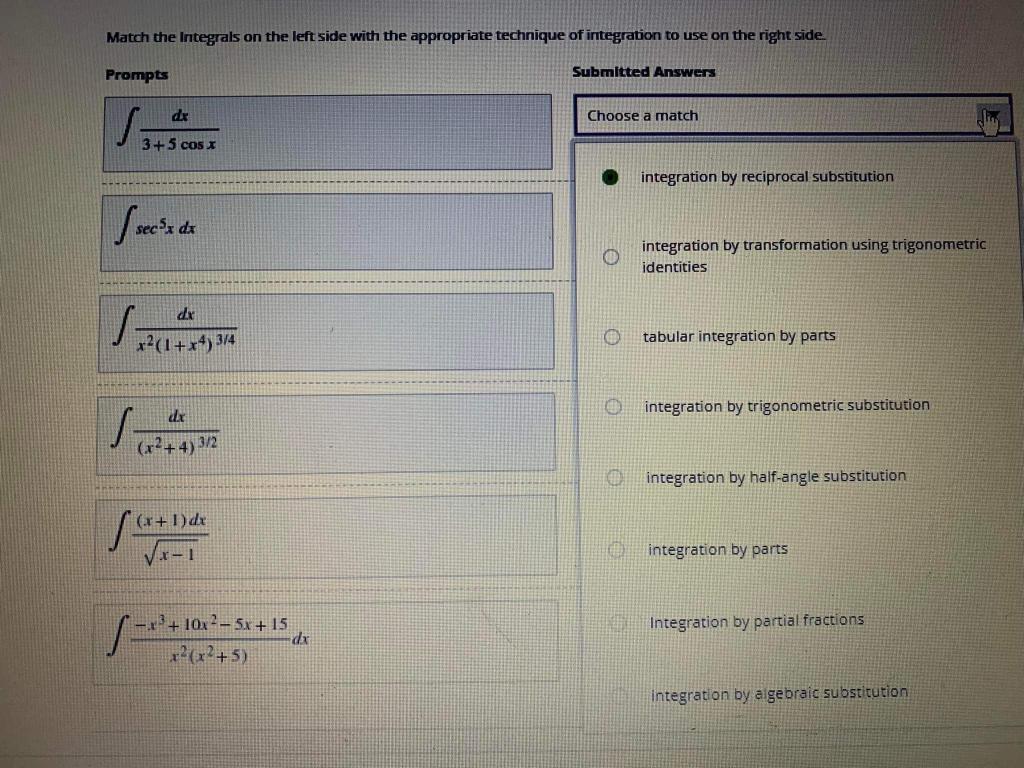 Solved Match the Integrals on the left side with the | Chegg.com