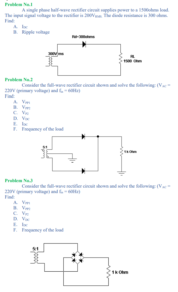 Solved Problem No.1 A single phase half-wave rectifier | Chegg.com