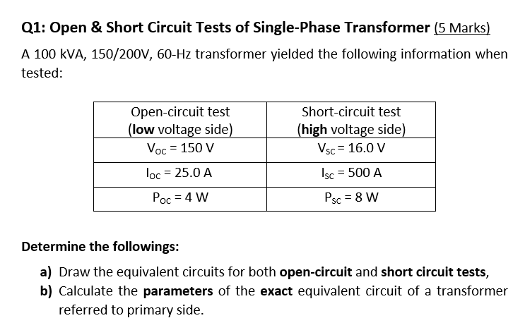 Solved Q1: Open & Short Circuit Tests of Single-Phase | Chegg.com