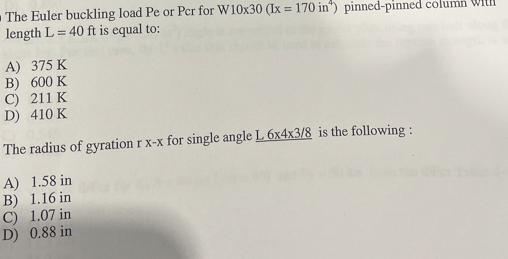Solved The Euler buckling load Pe or Pcr for W10x30 | Chegg.com