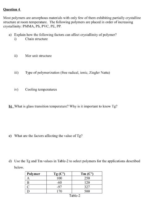 Solved Question 4 Most polymers are amorphous materials with | Chegg.com