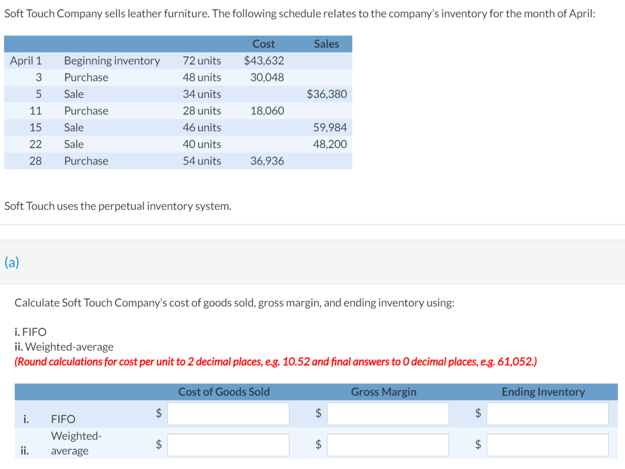 Solved Soft Touch Company sells leather furniture. The | Chegg.com