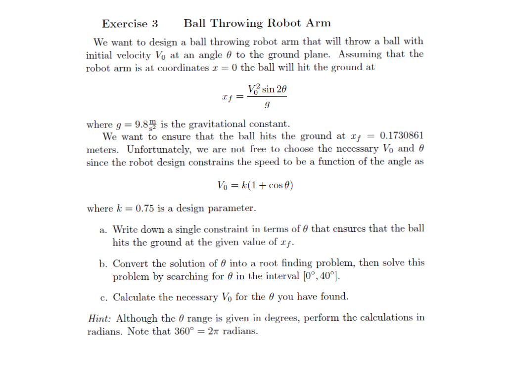 Exercise 3 Ball Throwing Robot Arm We want to design | Chegg.com