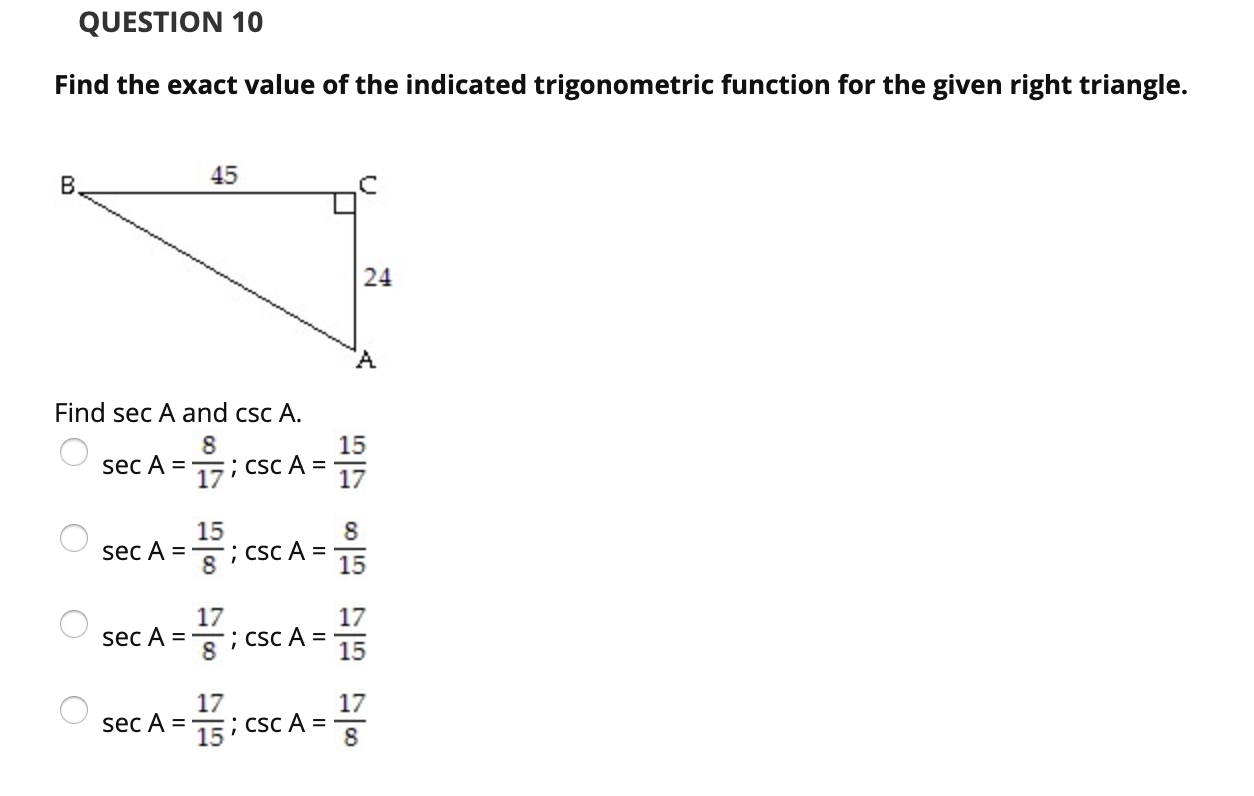 Solved QUESTION 10 Find the exact value of the indicated | Chegg.com