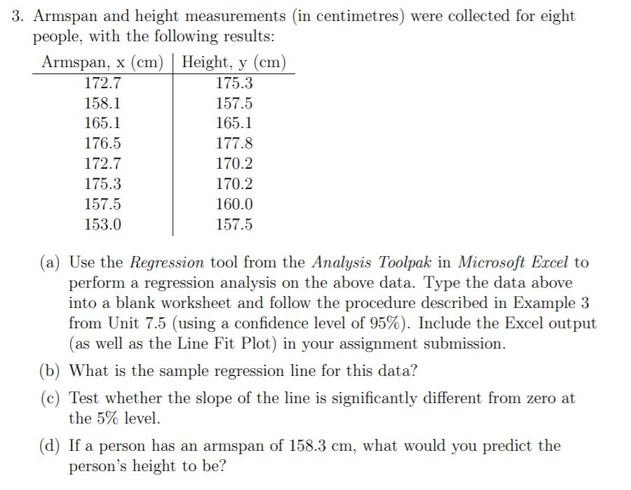 Solved Armspan and height measurements (in centimetres) were | Chegg.com