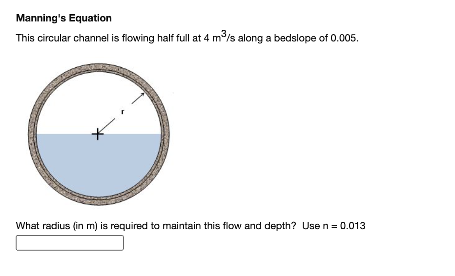 Solved Manning's Equation This circular channel is flowing | Chegg.com