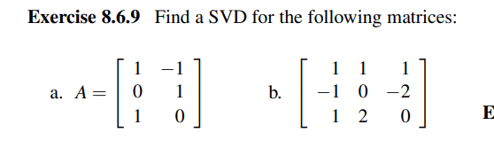 Solved Exercise 8.6.9 Find a SVD for the following matrices: | Chegg.com
