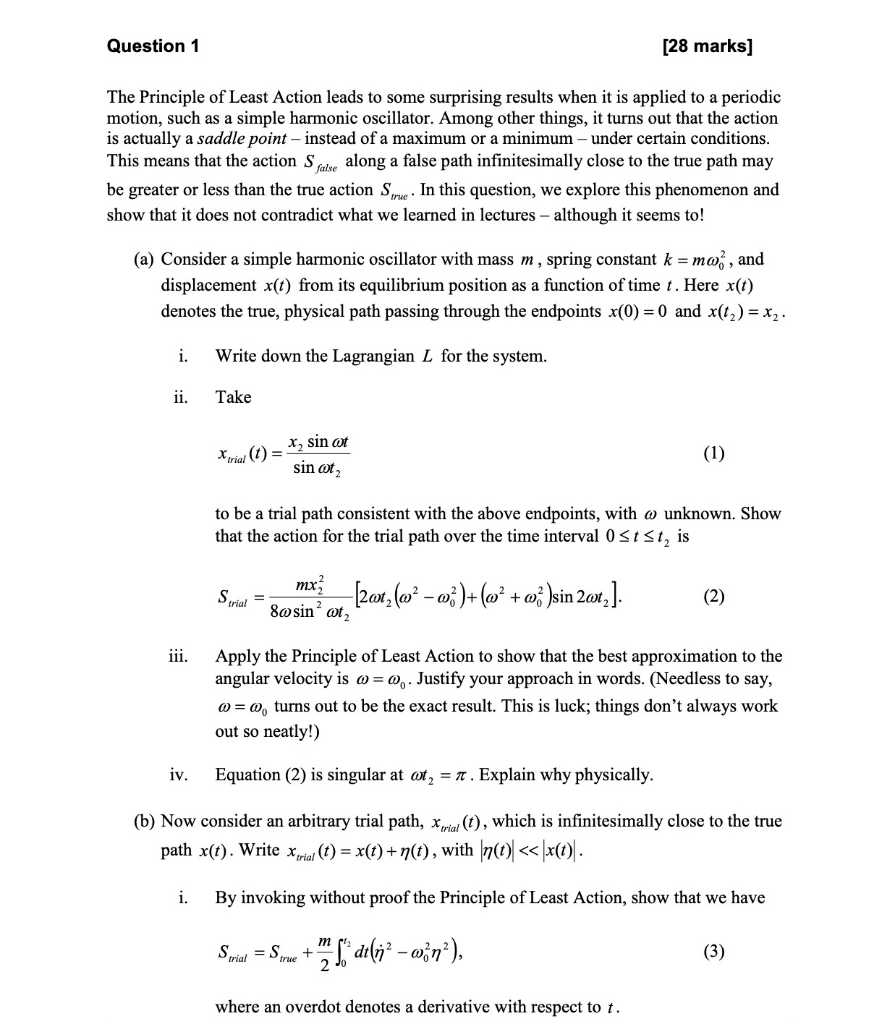 Question 1 [28 marks] The Principle of Least Action | Chegg.com