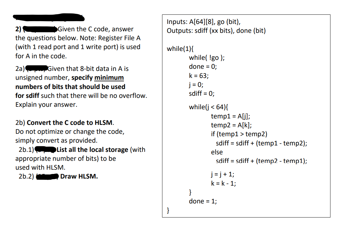 Inputs: A[64][8], go (bit), Outputs: sdiff (xx bits), | Chegg.com