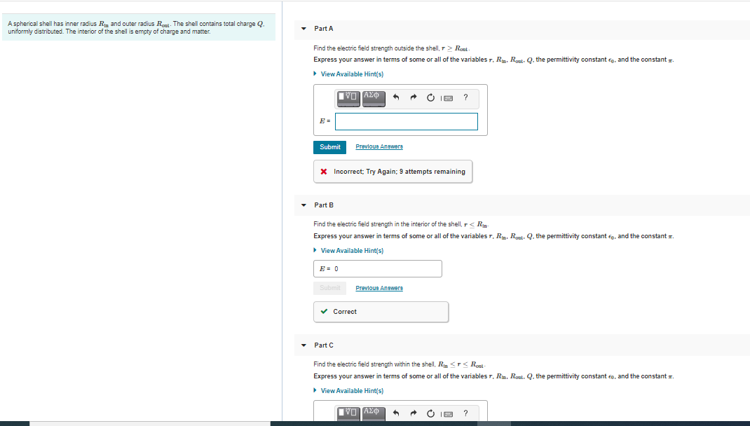 Solved A spherical shell has inner radius Rin and outer | Chegg.com