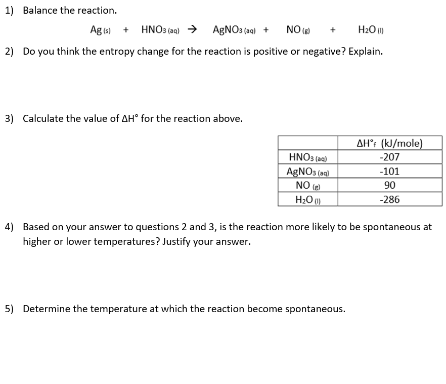 Solved 1) Balance the reaction. Ag (s) + HNO3 (aq) → AgNO3 | Chegg.com