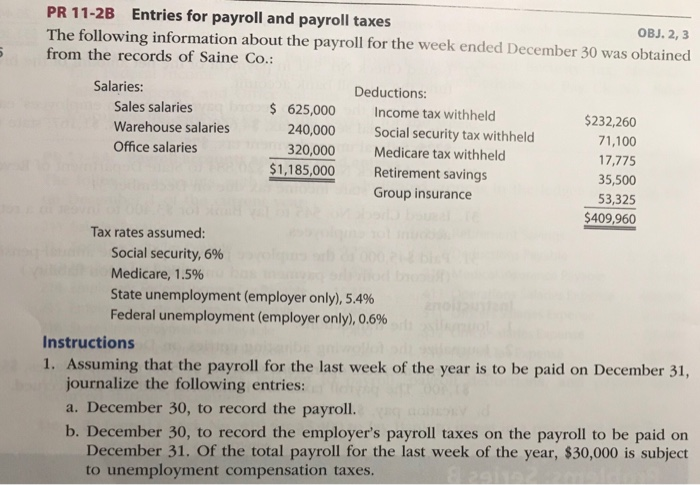 Solved PR 11-2B Entries for payroll and payroll taxes The | Chegg.com