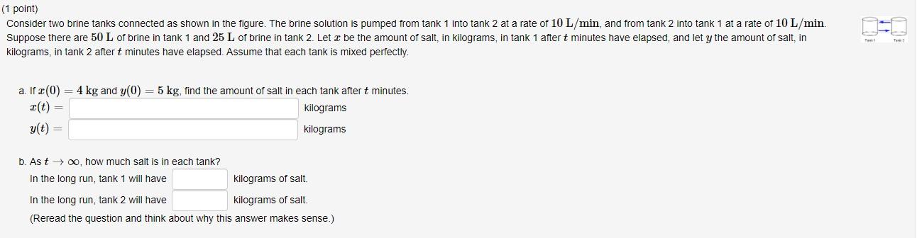 Solved (1 point) Consider two brine tanks connected as shown | Chegg.com