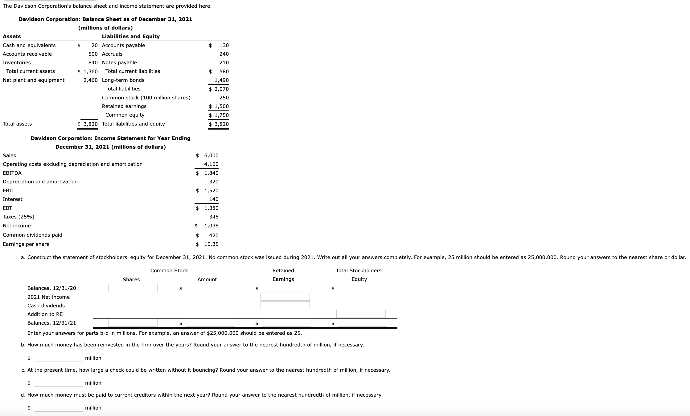 Solved The Davidson Corporation's balance sheet and income | Chegg.com