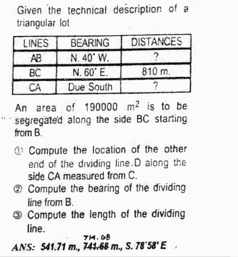 Solved Given the technical description of a triangular lot | Chegg.com