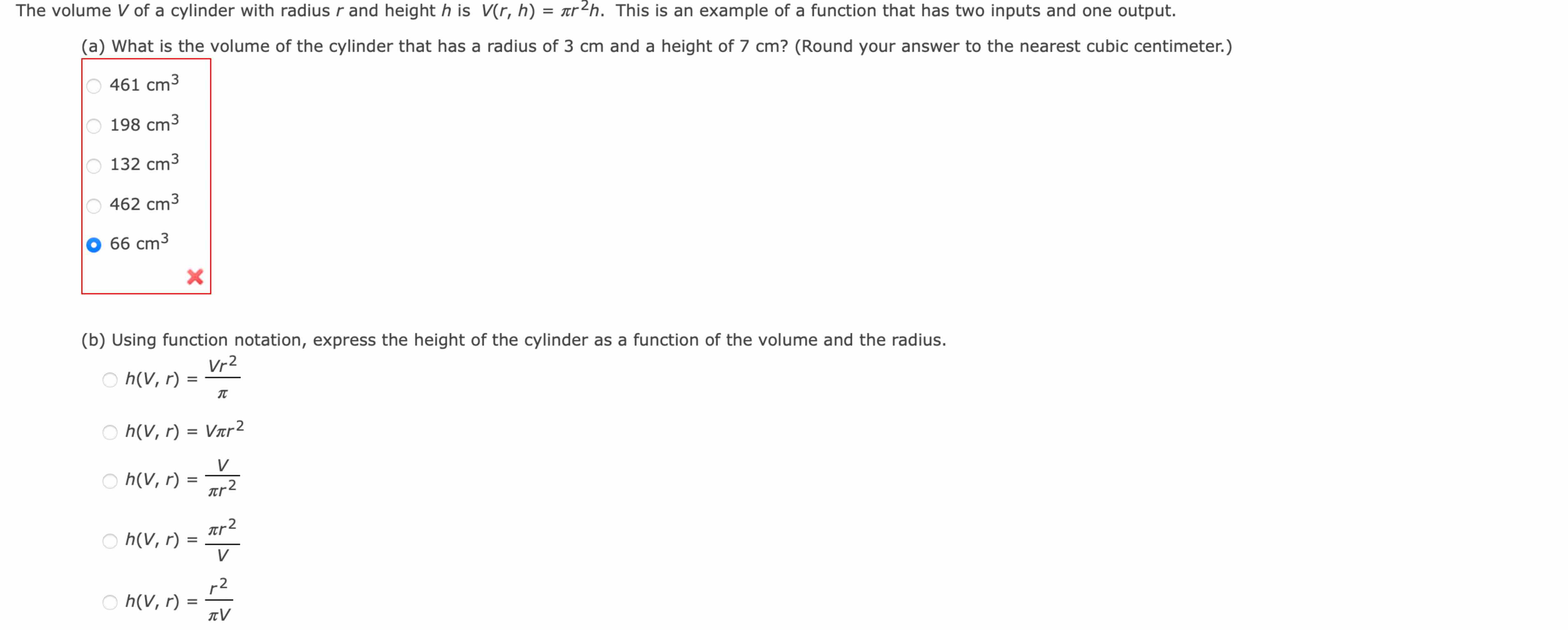Solved The volume V ﻿of a cylinder with radius r ﻿and height | Chegg.com