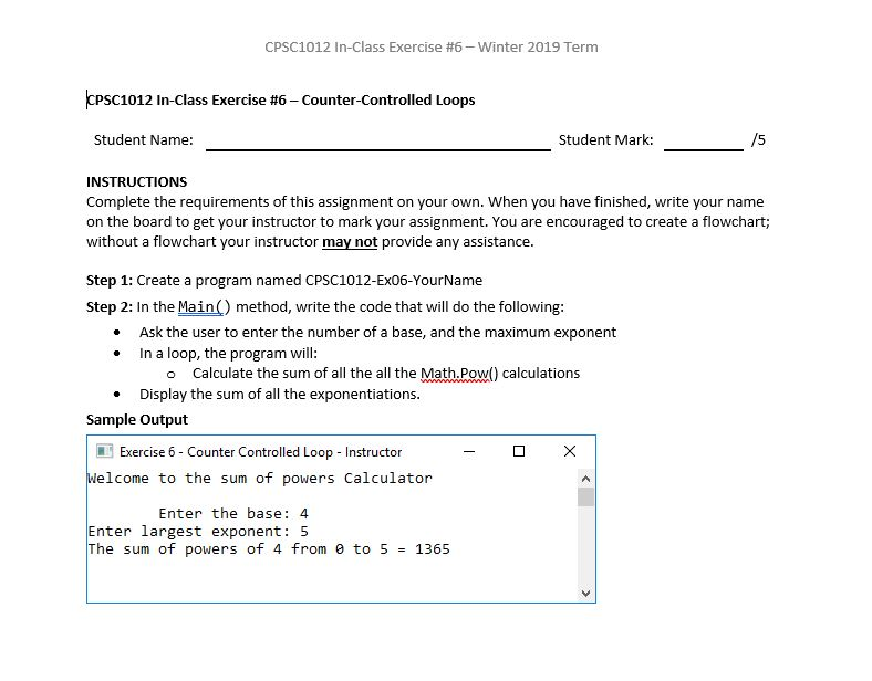 Solved CPSC1012 In-Class Exercise #6-Winter 2019 Term | Chegg.com