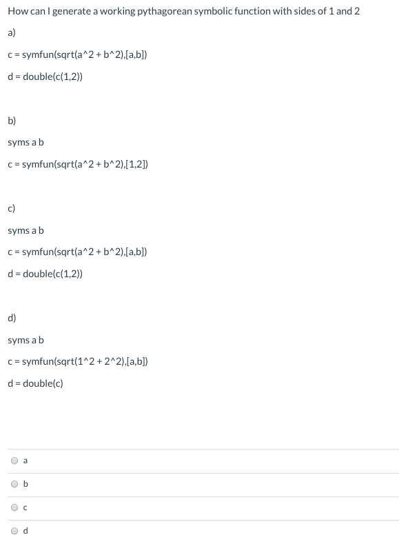 Solved MATLAB How can I generate a working pythagorean | Chegg.com