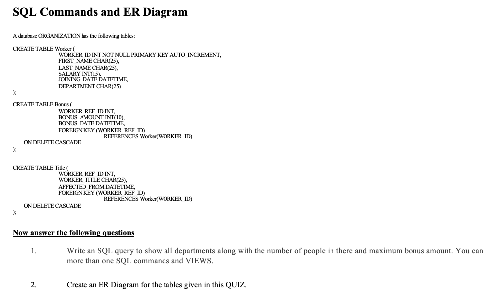 Solved SQL Commands and ER Diagram A database ORGANIZATION | Chegg.com