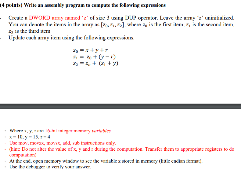 4 points) Write an assembly program to compute the | Chegg.com