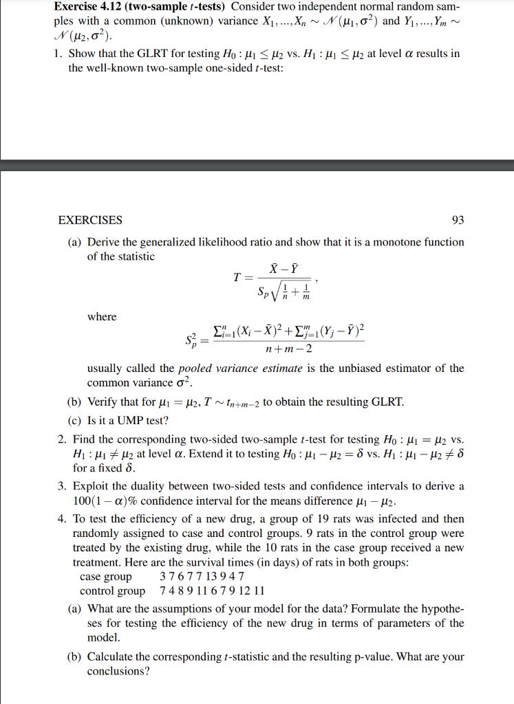 Exercise 4.12 (two-sample t-tests) Consider two | Chegg.com