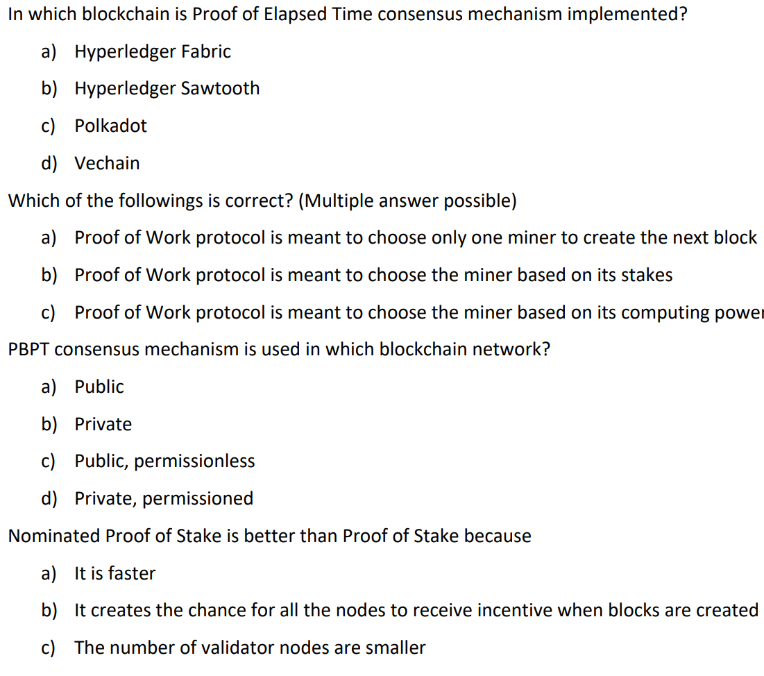 Solved In which blockchain is Proof of Elapsed Time | Chegg.com