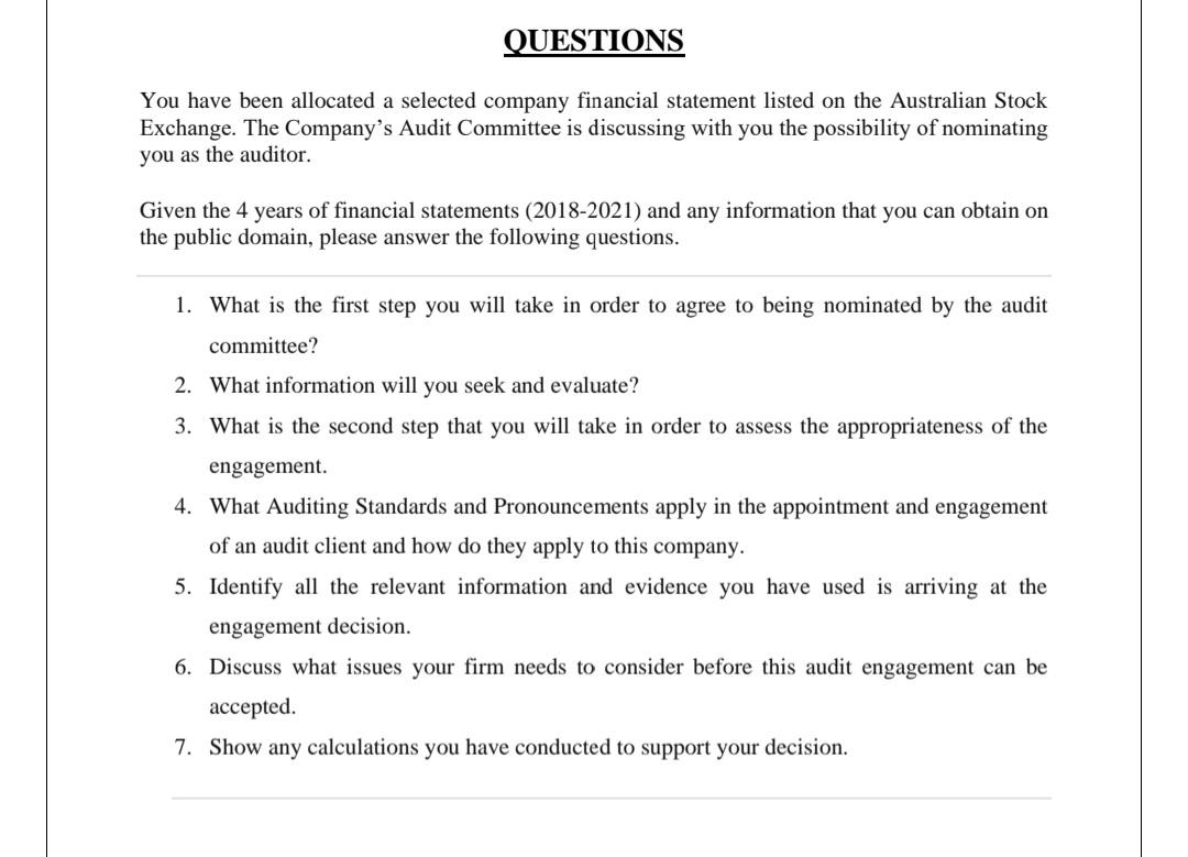 QUESTIONS You have been allocated a selected company | Chegg.com