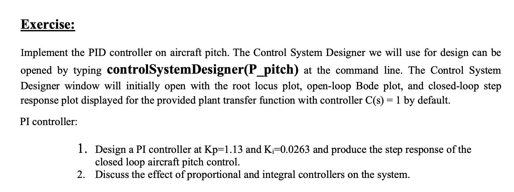 Solved Exercise: Implement the PID controller on aircraft | Chegg.com